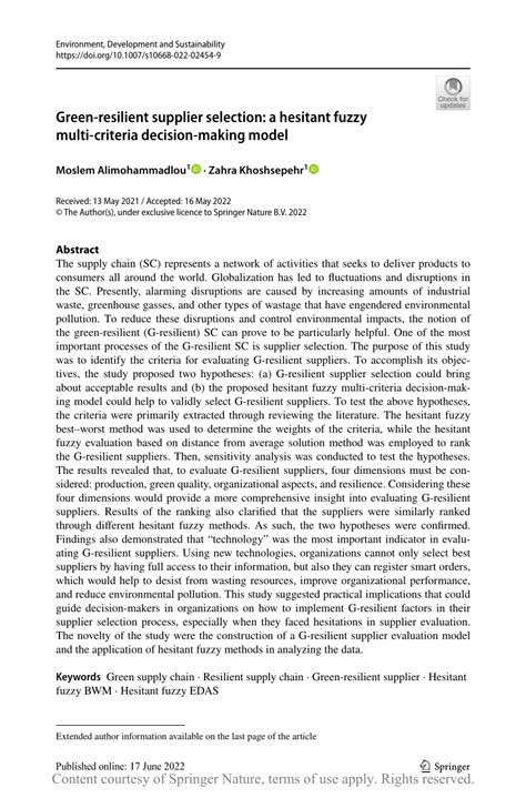 Green Resilient Supplier Selection A Hesitant Fuzzy Multi Criteria