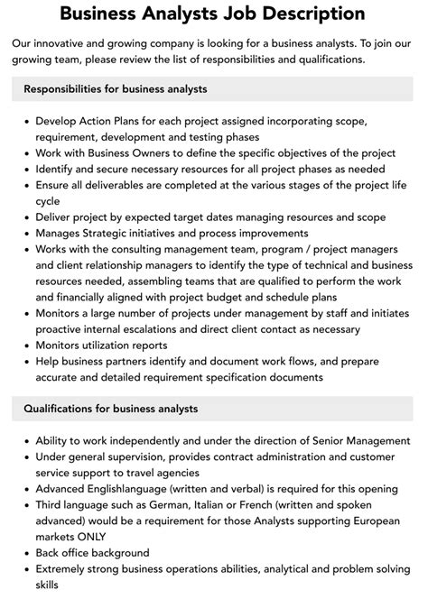 Business Analysts Job Description Velvet Jobs