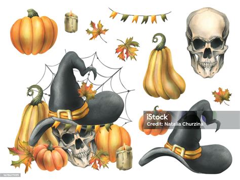 주황색 호박 거미줄 양초 가을 단풍잎이 있는 검은 마녀 모자를 쓴 인간의 두개골 할로윈을 위한 손으로 그린 수채화 그림 흰색 배경에 격리된 요소 집합 10월에 대한 스톡