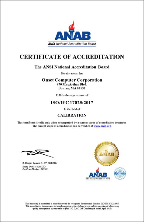 ISO IEC 17025 2017 Compliance Certificate Onset S HOBO And InTemp