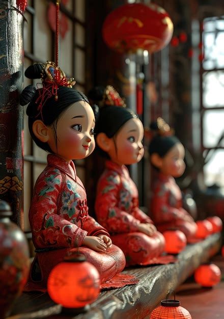 Traditional Chinese Dolls In Silk Premium Ai Generated Image