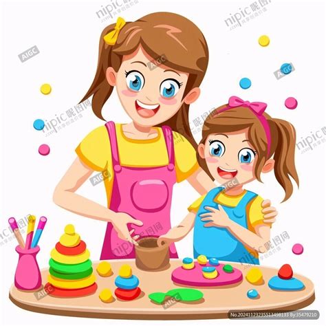 Ai创作图卡通幼师 卡通阿姨姐姐妈妈 卡通母女 女儿卡通人物 卡通妈妈姐姐形像设计 卡通姐姐大姐女孩 动手能力兴趣培养 妈妈女儿卡通 早教职业 橡皮泥制作 妈妈助教日 儿童动手能力兴趣培养