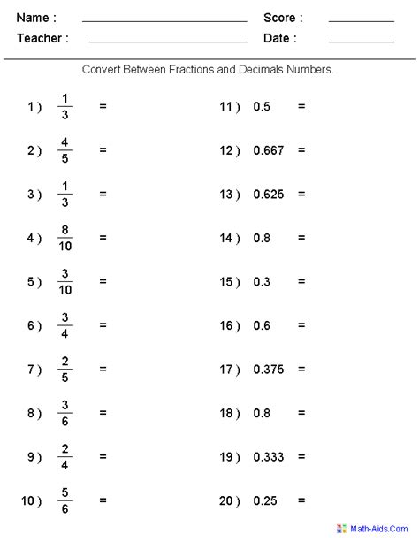 Converting Fractions To Decimals Worksheet Grade 7