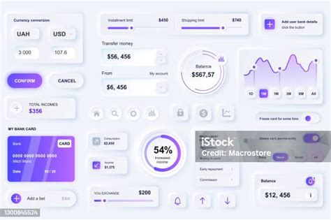 금융 서비스 모바일 앱용 사용자 인터페이스 요소입니다 독특한 호형성 디자인 Ui Ux Gui Kit 요소 템플릿 노이모티즘 스타일 다른 형태 구성 요소 버튼 메뉴 금융