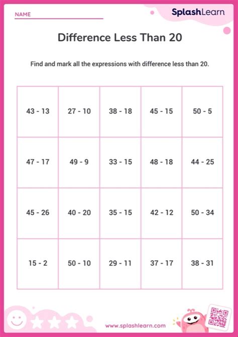 Subtraction Expressions With Difference Less Than 20 — Printable