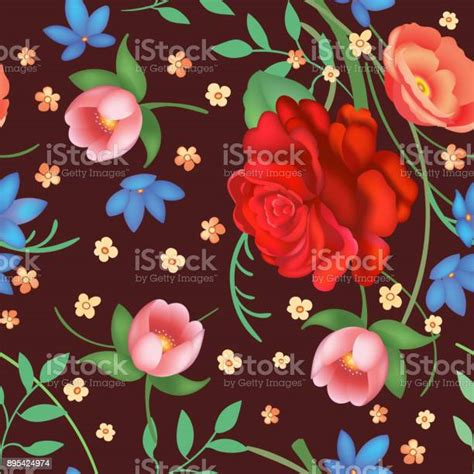 누추한 세련 된 빈티지 장미 튤립 및 Forgetmenots 빈티지 완벽 한 패턴 웹 및 인쇄에 대 한 고전적인 팝아트에서부터