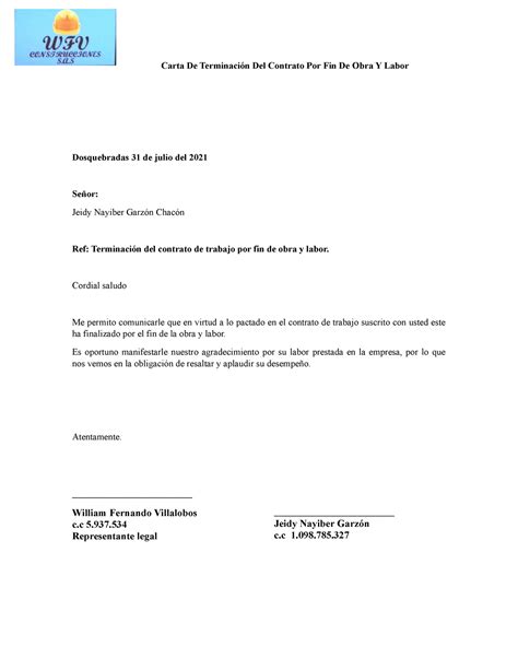 Modelo Carta Aviso Termino De Contrato Por Obra Modelo De Informe