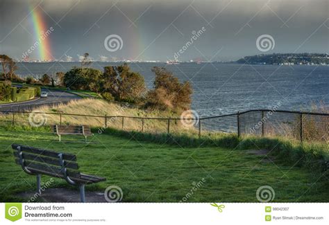 Double Rainbow Over Puget Sound Waterway Stock Image Image Of Coast