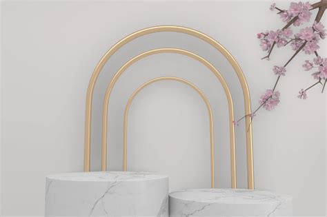 흰색 배경에 사쿠라 장식과 흰색 화강암 연단 3d 렌더링 검은색에 대한 스톡 사진 및 기타 이미지 검은색 생활필수품