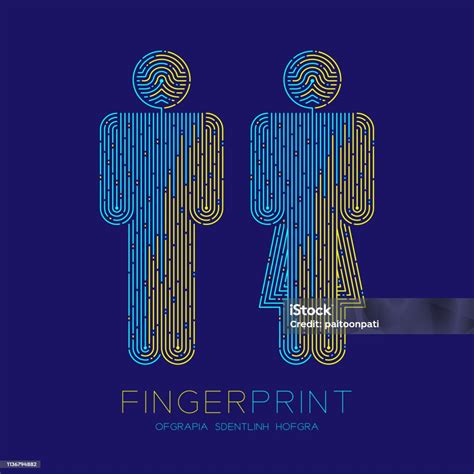 남자와 여자 기호 그림 패턴 지문 스캔 로고 아이콘 대시 라인 남성 여성 성별 개념 편집 가능한 스트로크 그림 파란색과 노란색 고립 된 지문 텍스트와 파란색 배경 남자에