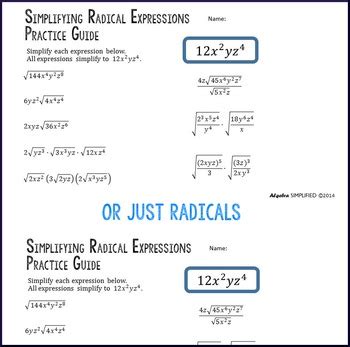 Simplifying Radical Exponential Expressions Practice Guide TpT