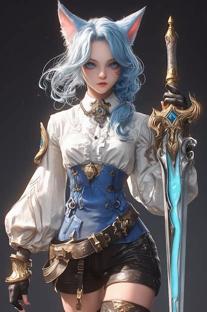 Premium Photo Blue Haired Wolf Girl Holding A Sword