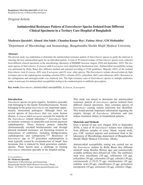 Pdf Antimicrobial Resistance Pattern Of Enterobacter Species Isolated
