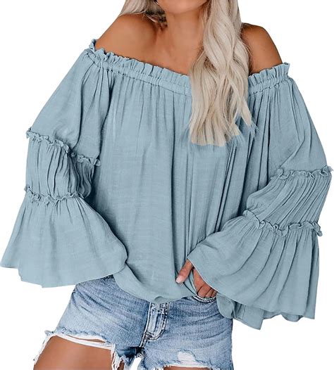 Sexy Sommer Casual Loose Off Shoulder Rüschen Lange Ärmel Lace Up Tops