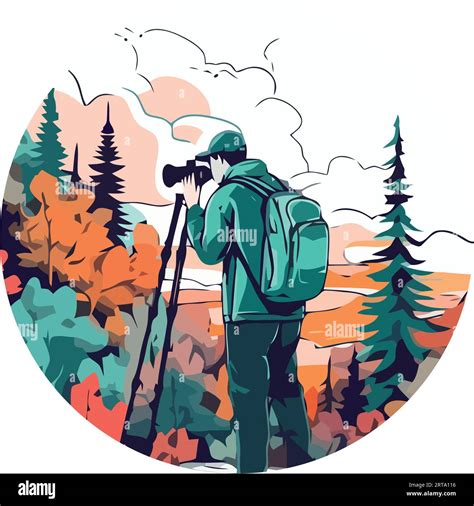 Nature Explorer Photographing Autumn Landscape With Equipment Stock