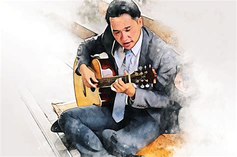 수채화 일러스트 페인팅 배경에서 휴식을 위해 어쿠스틱 기타를 연주하는 추상적인 다채로운 사업가 가수에 대한 스톡 사진 및 기타