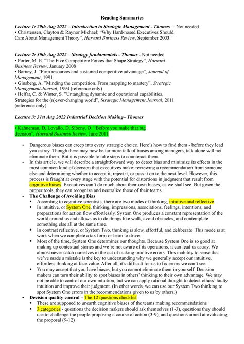 Strategic Management Reading Summaries Reading Summaries Lecture 1