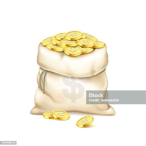 금화는 흰색 배경에 고립의 힙 현실적인 오래 된 가방 황금 동전 더미입니다 달러 기호와 가방입니다 현금 상금 벡터 개념입니다