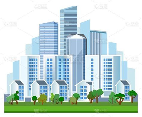 大的现代城市。宜人的城市。高层建筑，摩天大楼和高层建筑。有草坪和树木的绿色公园区域。平的风格。孤立在素材 花瓣网