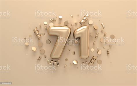 축제 색종이와 나선형 리본 황금 3d 번호 71 71 개의 적대 이벤트 파티를 축하하기위한 포스터 템플릿 3d 렌더링 0명에