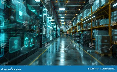 Futuristic Warehouse With Digital Interfaces Lining The Shelves