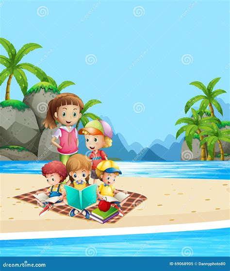 Παιδιά που διαβάζουν τα βιβλία στην παραλία Διανυσματική απεικόνιση εικονογραφία από Arroyos