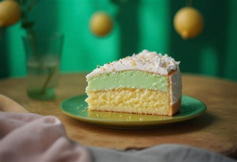 A Slice Of Cake Sits On A Plate With A Green Background Premium Ai