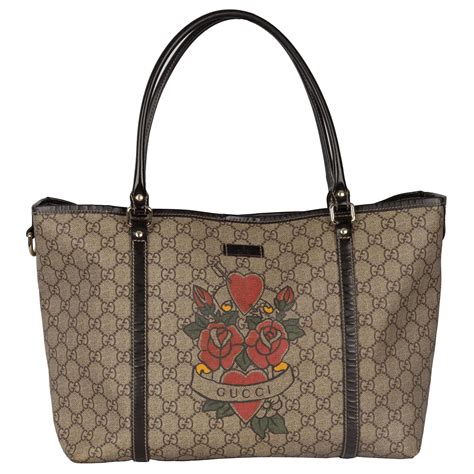 Gucci Monogram Canvas Tattoo Heart Tote Bag Brown Cloth Ref790792