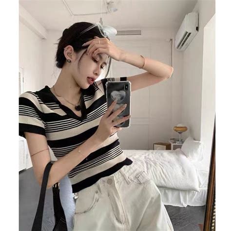 Jual Atasan Crop Top SALUR Rajut Kaos Kerah Polo Wanita Crop Kerah