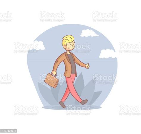 쾌활한 사업가 산책 와 브리프 케이스 젊은 남자 매일 활동 만화 벡터 일러스트 개념에 대한 스톡 벡터 아트 및 기타 이미지 개념 거리 경영자 Istock