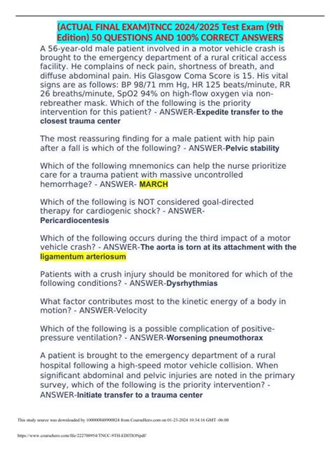 Actual Final Exam Tncc 2024 2025 Test Exam 9th Edition 50 Questions And 100 Correct Answers