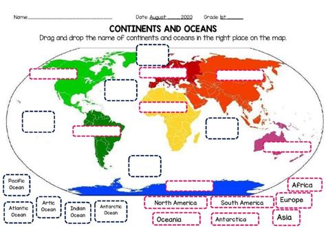 Continents And Oceans Worksheet For Grade 1
