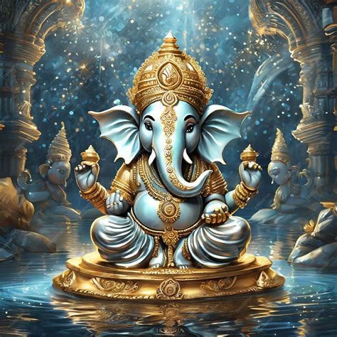 Indian God Lorad Ganesh Golden Shine Golden And Sliver Metal Murti On Pound Blue Ligting Gold