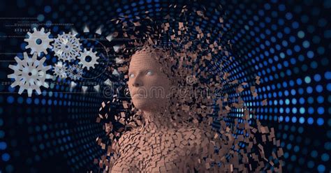 Composition Of Exploding Human Digital Bust Over Cogs And Rows Of Blue Dots Stock Illustration