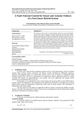 A Fault Tolerant Control For Sensor And Actuator Failures Of A Non Linear Hybrid System PDF