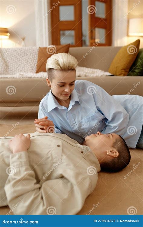 Happy Romantic Lesbian Woman Couple Talking Together Planning Pregnancy