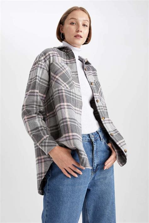 Antrasit Kadın Regular Fit Flanel Uzun Kollu Gömlek 2720750 DeFacto