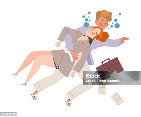 사무실 옷을 입은 남자 캐릭터가 물에 빠진 여자 동료를 구하고 물 벡터 일러스트레이션에서 그녀를 끌어냅니다 Sos에 대한 스톡