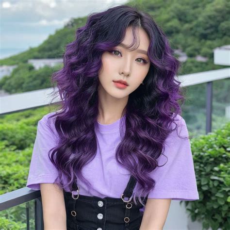 Cute Korean Influencer Woman With Black And Purple Long Curl By
