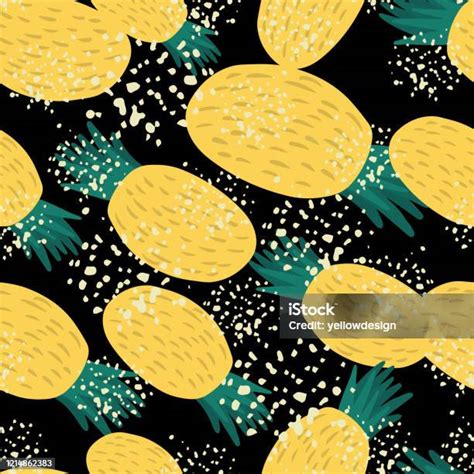 검은 색 배경에 노란색 파인애플 원활한 패턴입니다 손으로 그린 여름 열대 과일 질감 0명에 대한 스톡 벡터 아트 및 기타 이미지 0명 건강한 식생활 검은색 Istock