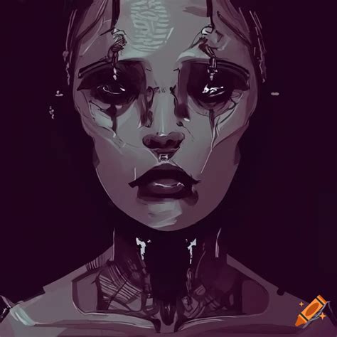 Female Cyborg Goddess In A Dark Cyberpunk Cityscape Blending Human And Cybernetic Features On
