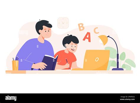 Father Helping Son With Homework Flat Vector Illustration Stock Vector