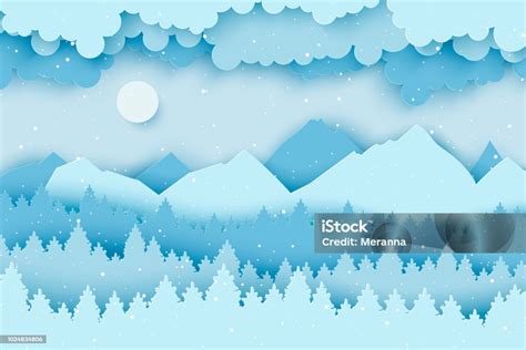 소나무 솜 털 구름 산과 눈송이와 겨울 풍경과 종이 크리스마스 엽서 현대 종이 아트 스타일 배경 계층 벡터 일러스트 레이 션 12월에 대한 스톡 벡터 아트 및 기타 이미지