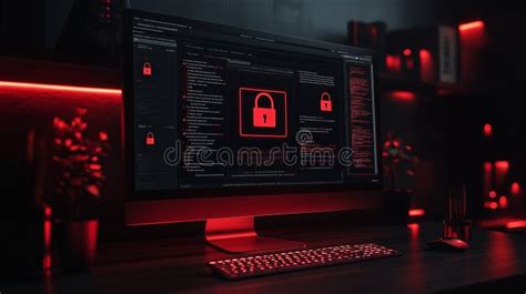 A Security Warning Is Visible On The Computer Screen With Red Lighting Around Stock Image