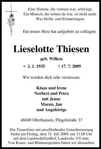 Traueranzeigen Von Lieselotte Thiesen Trauer In NRW De