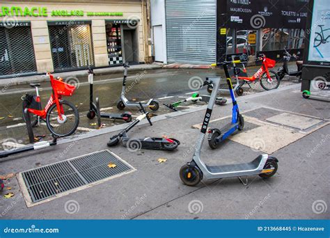 Rental Electric Scooters Parked Or Dumped In An Anarchic Way On The