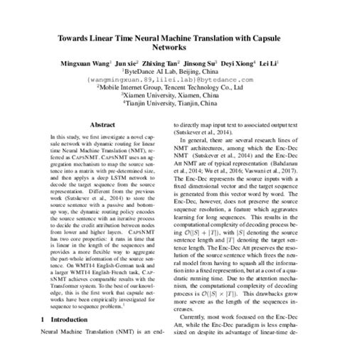 Towards Linear Time Neural Machine Translation With Capsule Networks