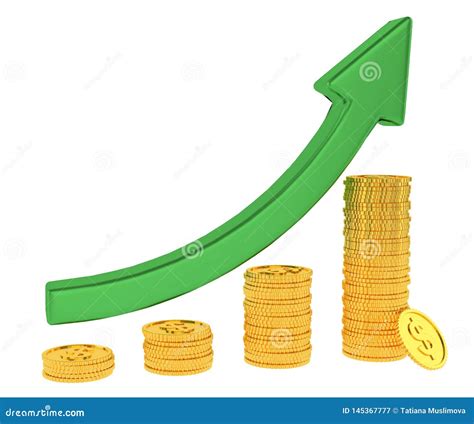 Green Arrow Up And Bar Chart Diagram Of Golden Dollar Coins Isolated On