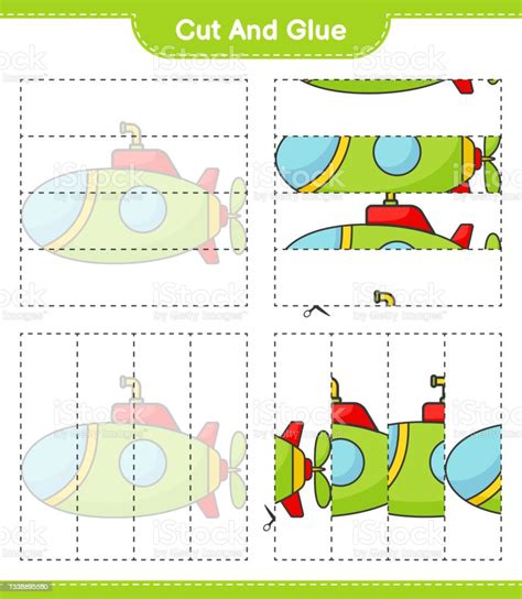 잘라 서 접착제 잠수함의 일부를 잘라 그들을 접착제 교육 어린이 게임 인쇄 워크 시트 벡터 일러스트레이션 0명에 대한 스톡 벡터