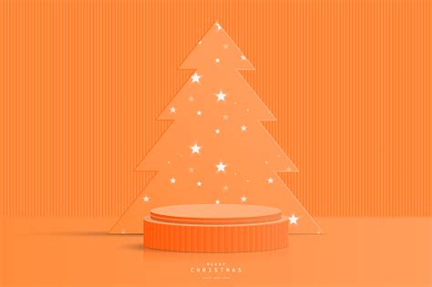 추상적인 주황색 3d 실린더 연단 받침대는 크리스마스 트리를 배경으로 빛나는 별 패턴이나 네온 별 전구로 사실적입니다 제품 모형을 위한 크리스마스 장면 3d 벡터 기하학적